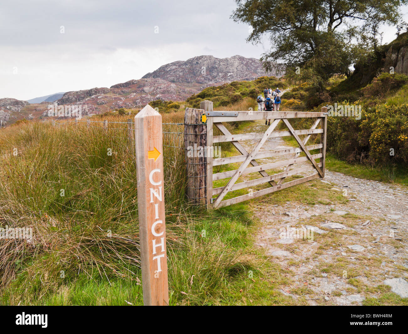 Footpath sign and open farm gate with people walking up on route to ...