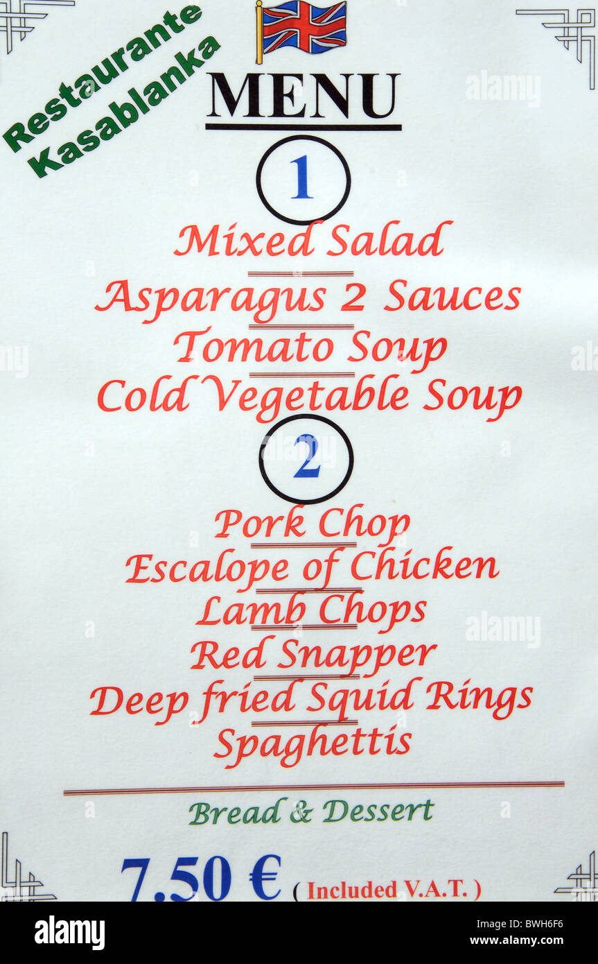 Lunch menu written in English, Mijas, Costa del Sol, Malaga Province ...