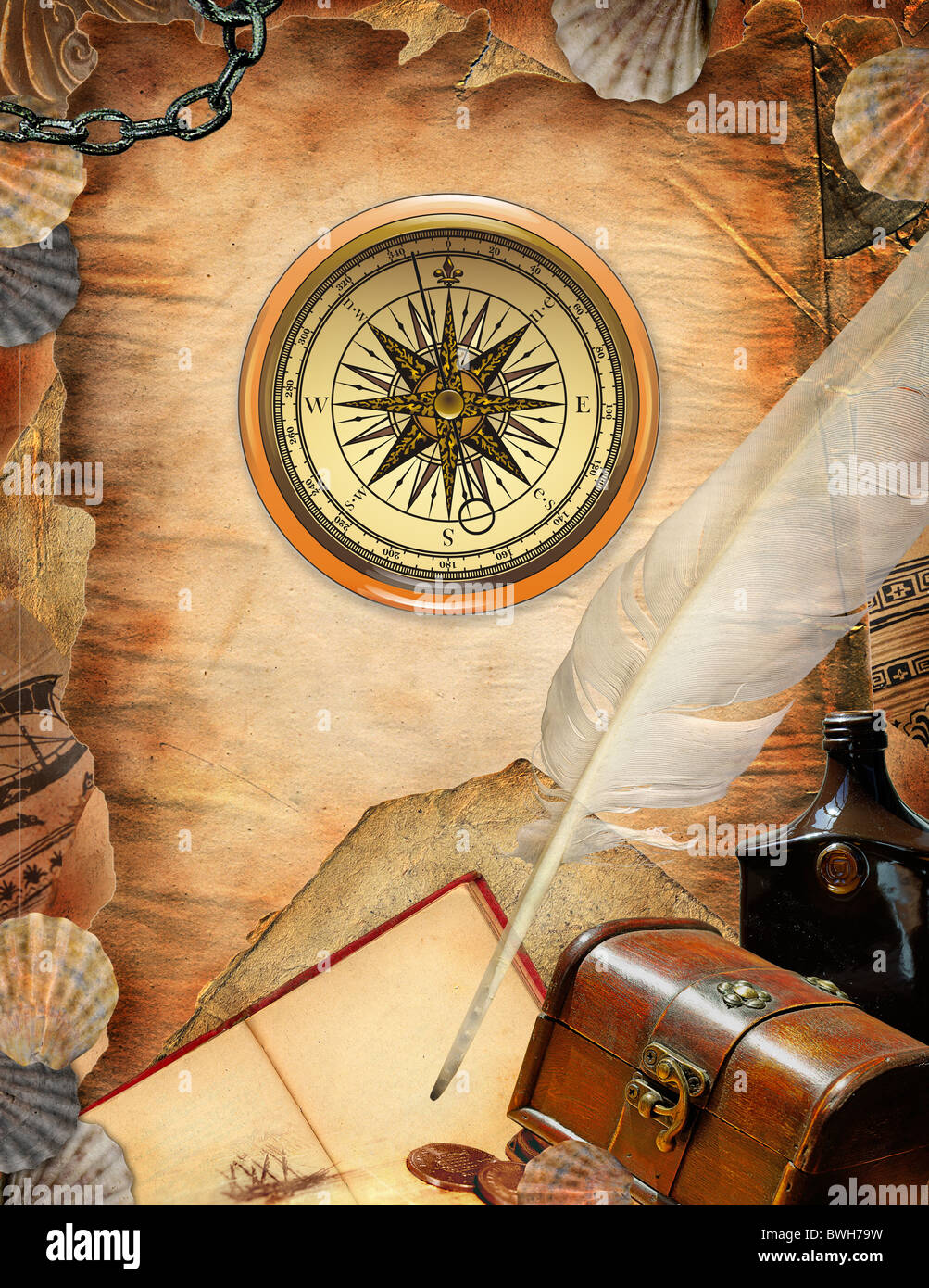 Old pirate treasures and retro compass Stock Photo - Alamy