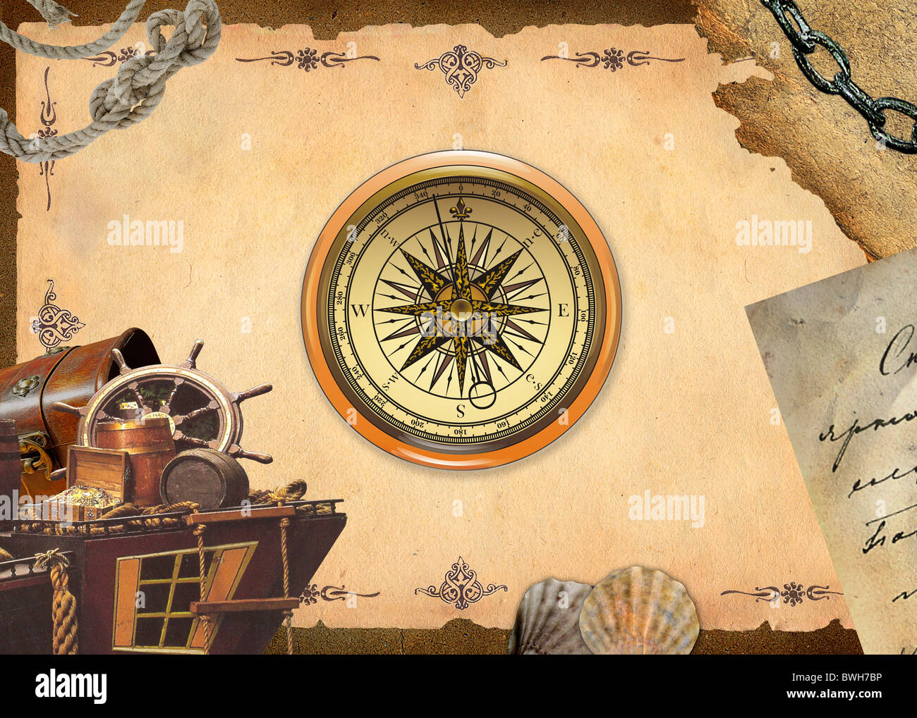 Old pirate treasures and retro compass Stock Photo - Alamy