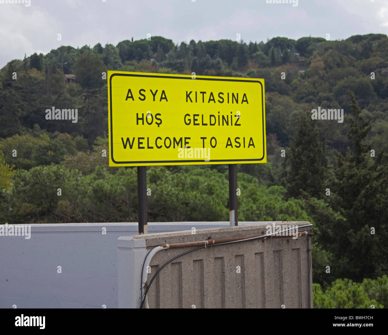 Road sign "Welcome to Asia" after crossing the bridge over the ...