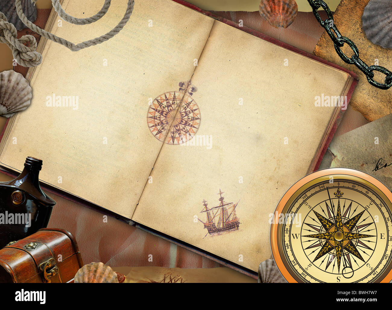Retro compass on paper background with pirate treasures Stock Photo - Alamy