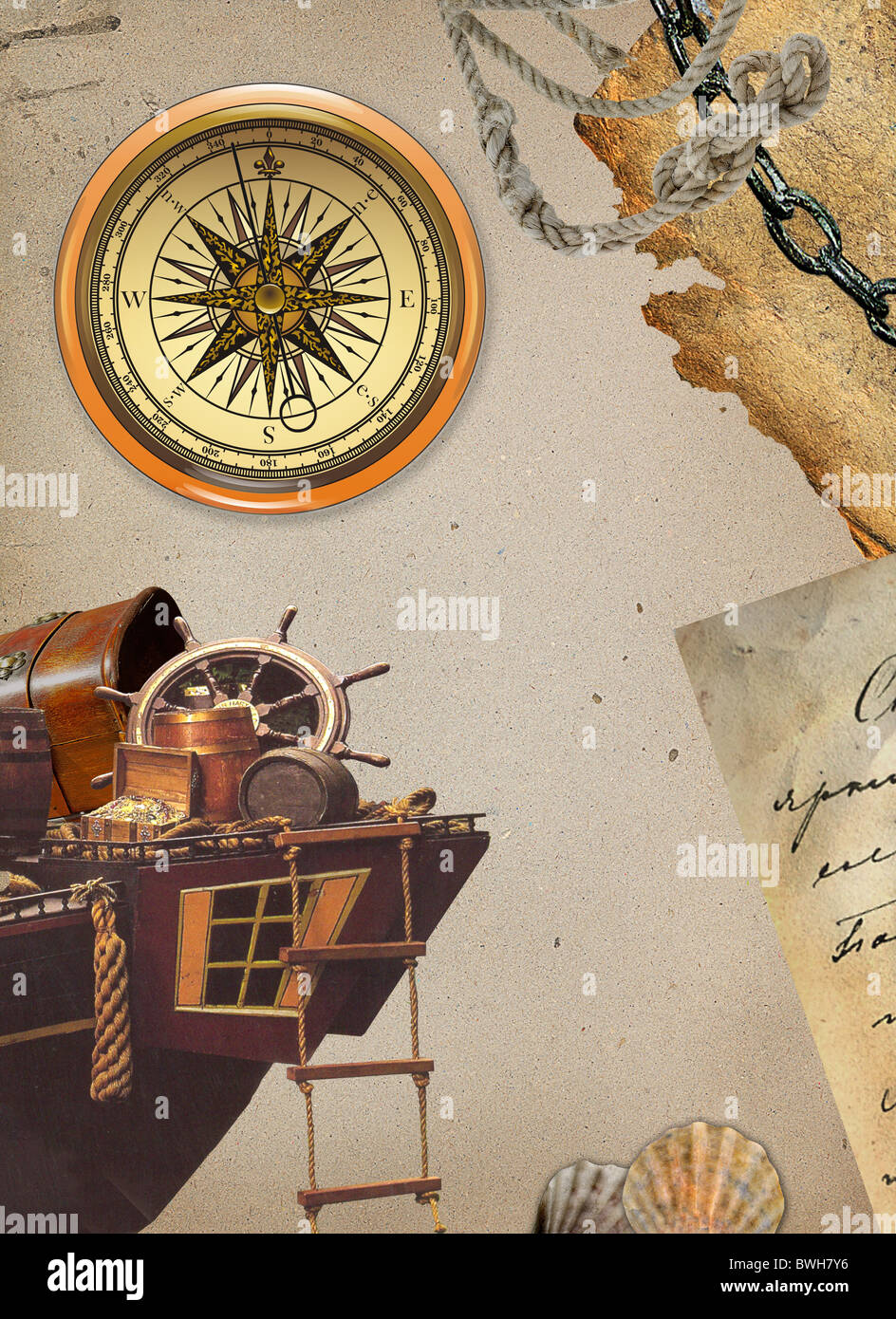 Retro compass on paper background with pirate treasures Stock Photo - Alamy