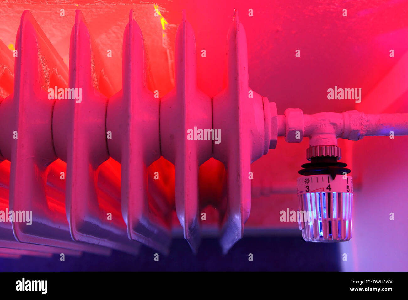 Illuminated radiator, thermostat, central heating in a private house ...