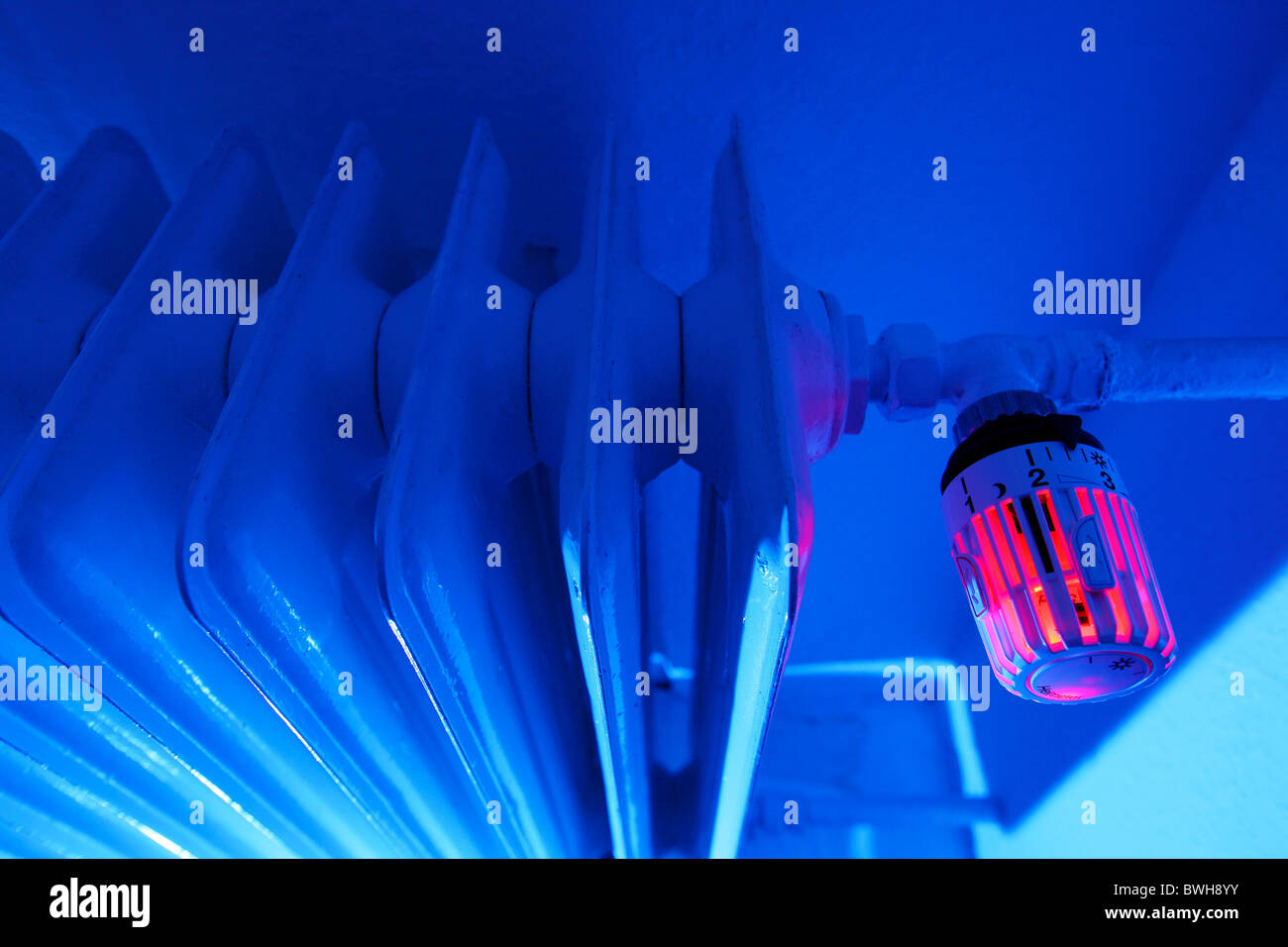 Illuminated radiator, thermostat, central heating in a private house ...