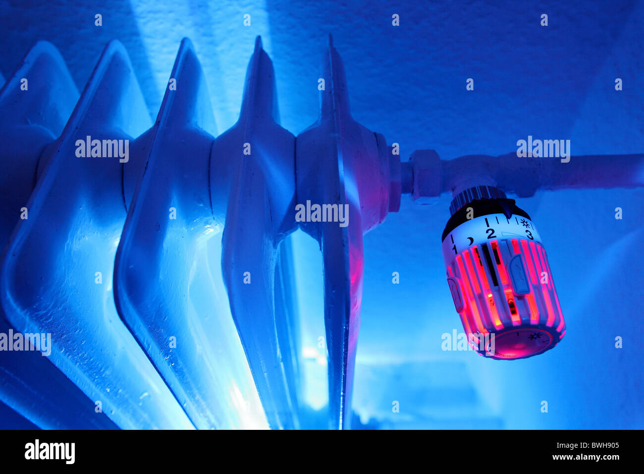 Illuminated radiator, thermostat, central heating in a private house ...