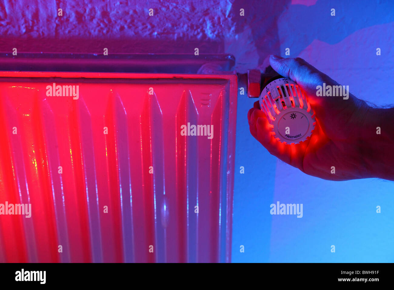 Illuminated radiator, thermostat, central heating in a private house ...