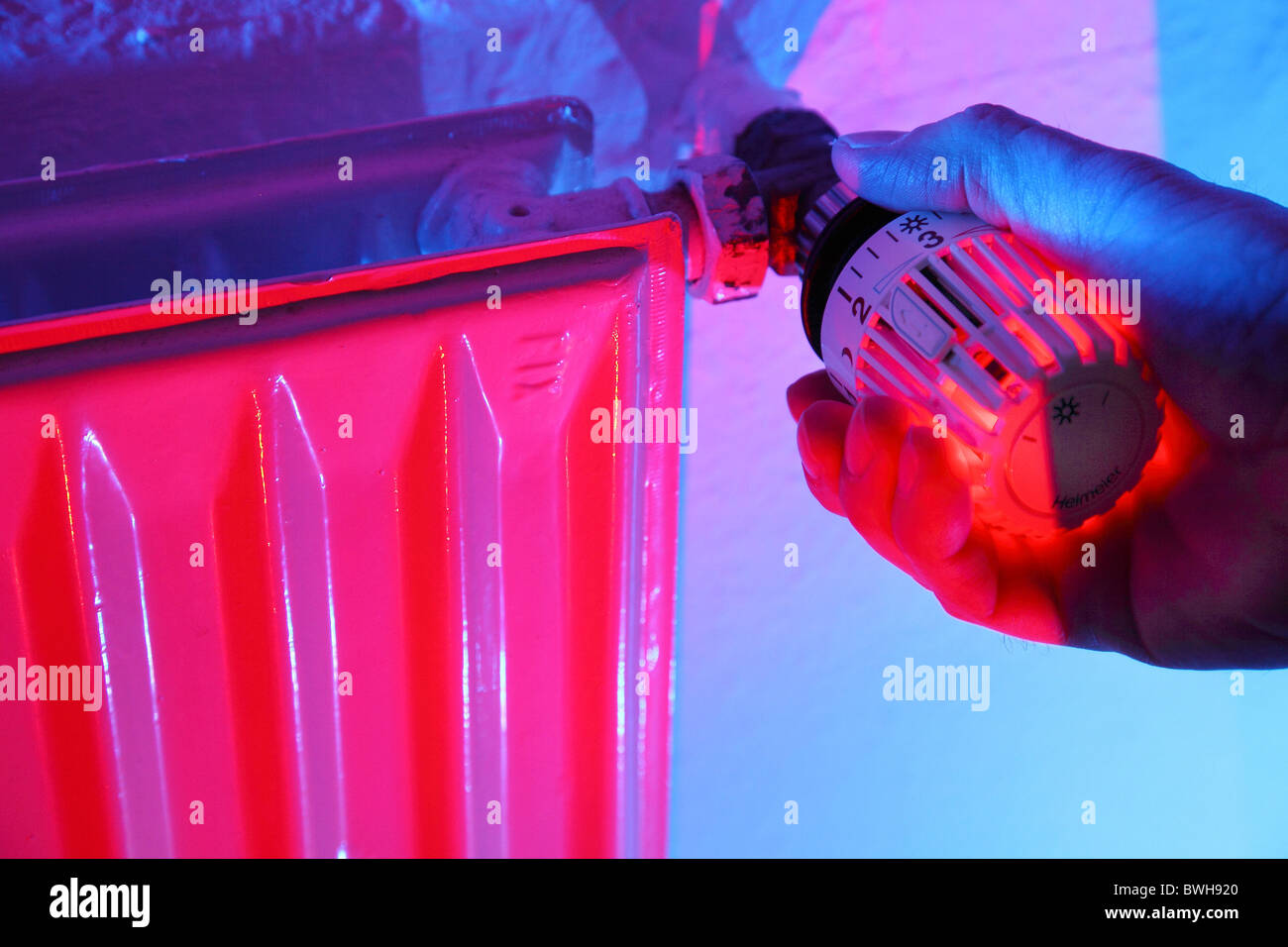 Illuminated radiator, thermostat, central heating in a private house ...