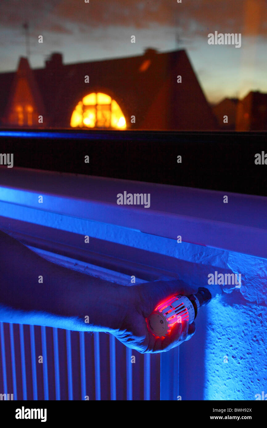 Illuminated radiator, thermostat, central heating in a private house ...