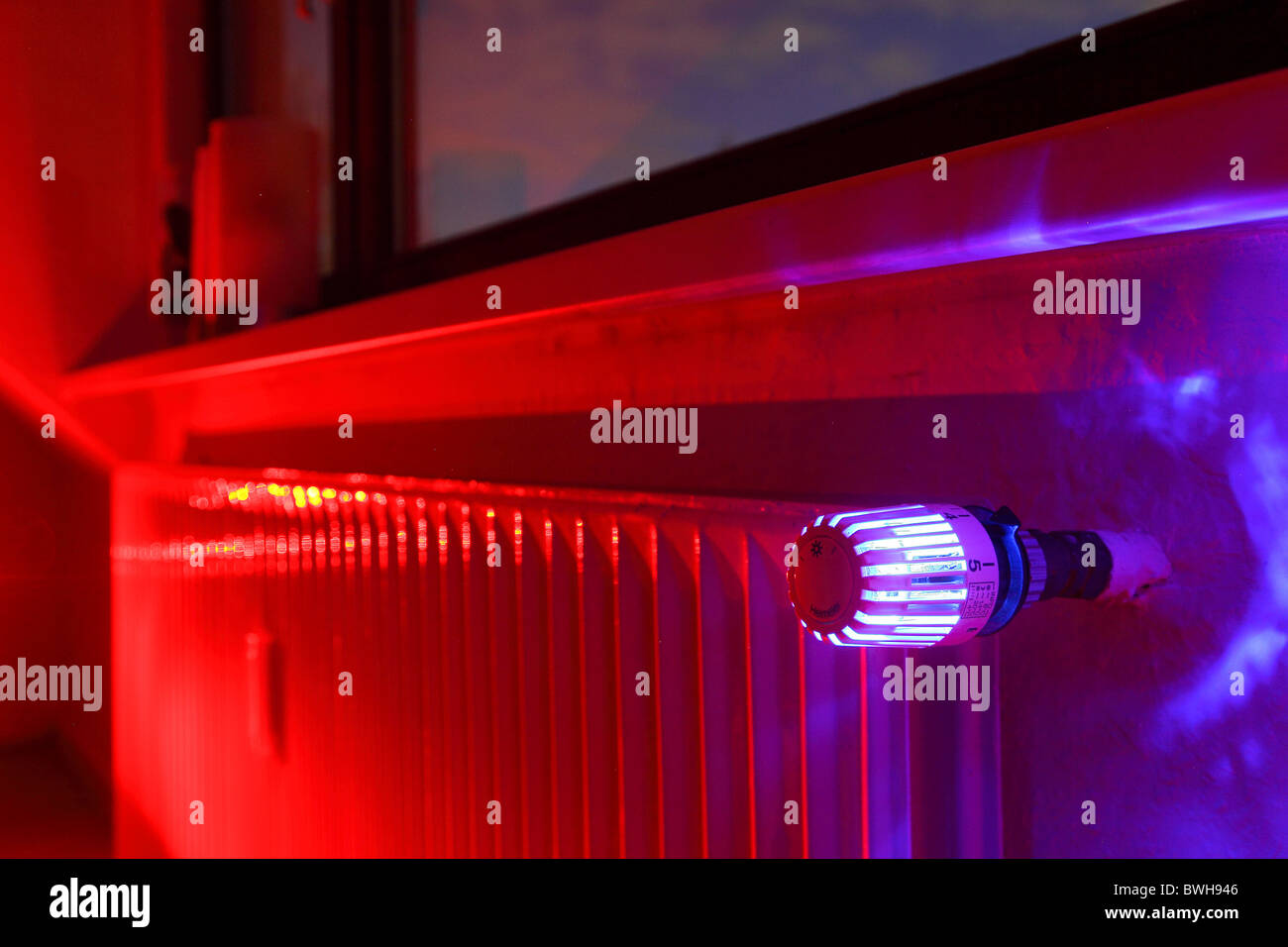 Illuminated radiator, thermostat, central heating in a private house ...