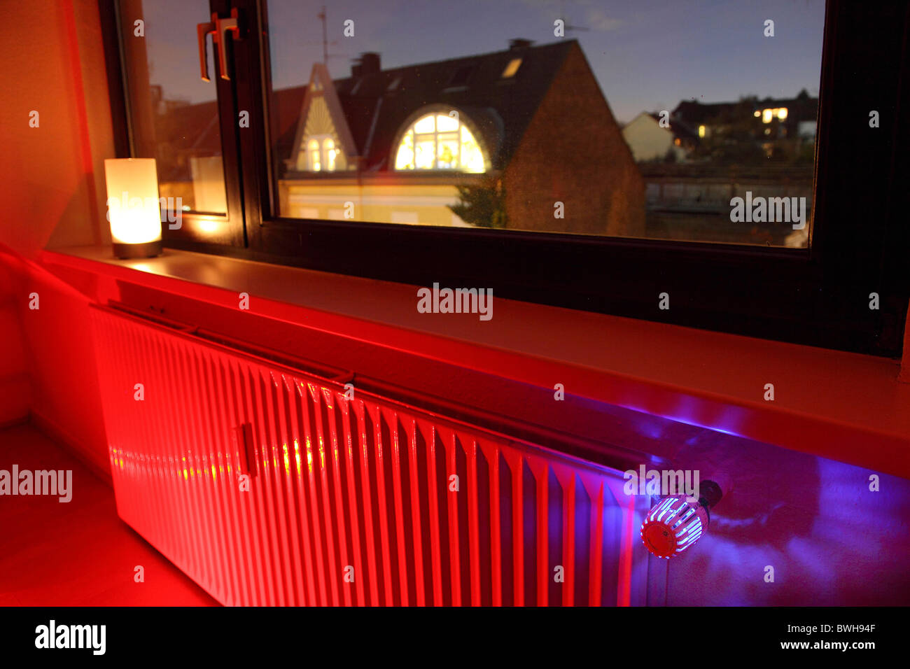 Illuminated radiator, thermostat, central heating in a private house ...