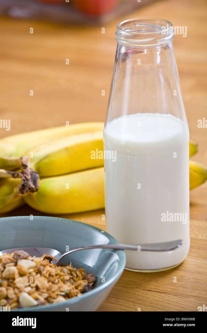 A Healthy Breakfast with Traditional Glass Bottle of Milk Stock Photo ...