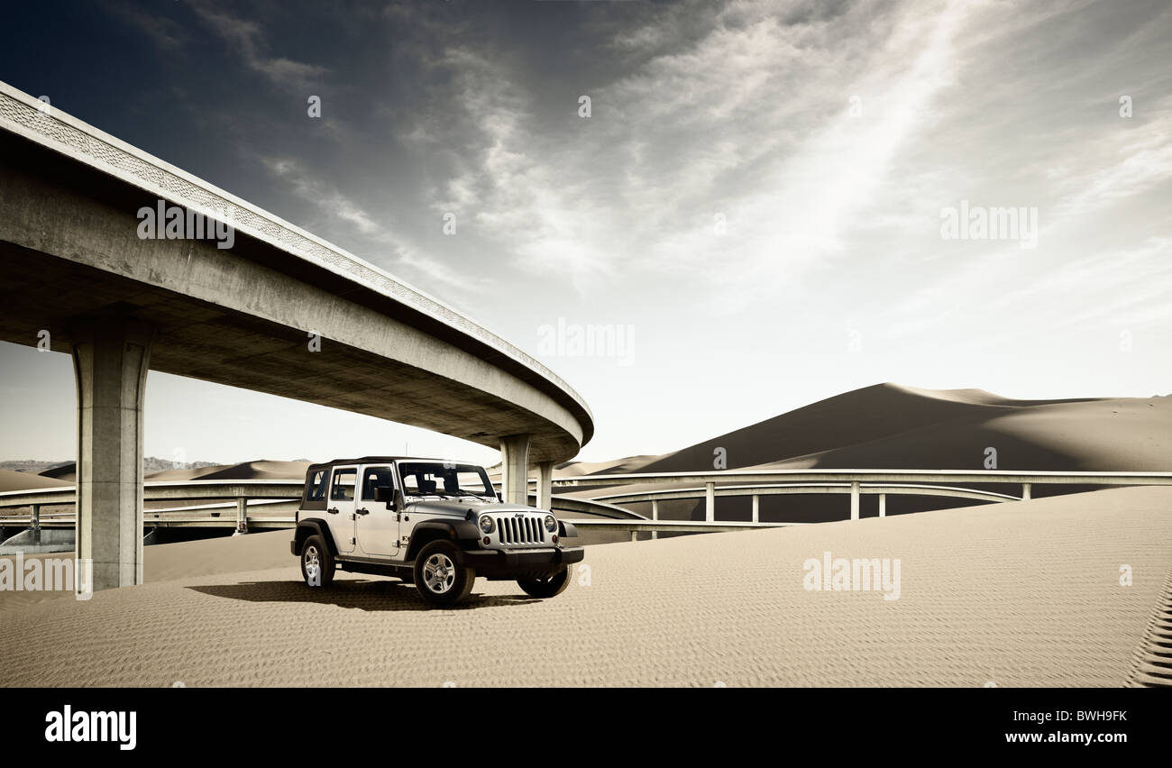 Transportation Jeep front 3/4 static beauty in dunes with freeway ...