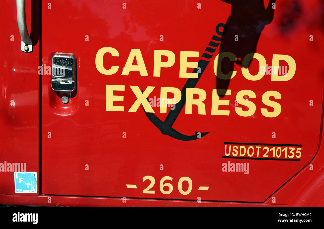The red painted door of a truck with the inscription "Cape Cod Express Stock Photo - Alamy