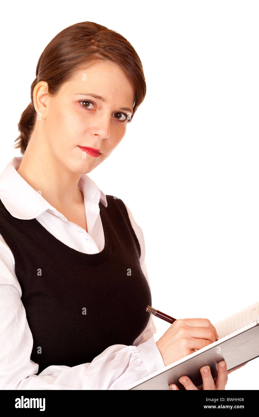 Business woman writes in notepad. Isolated on white background Stock ...