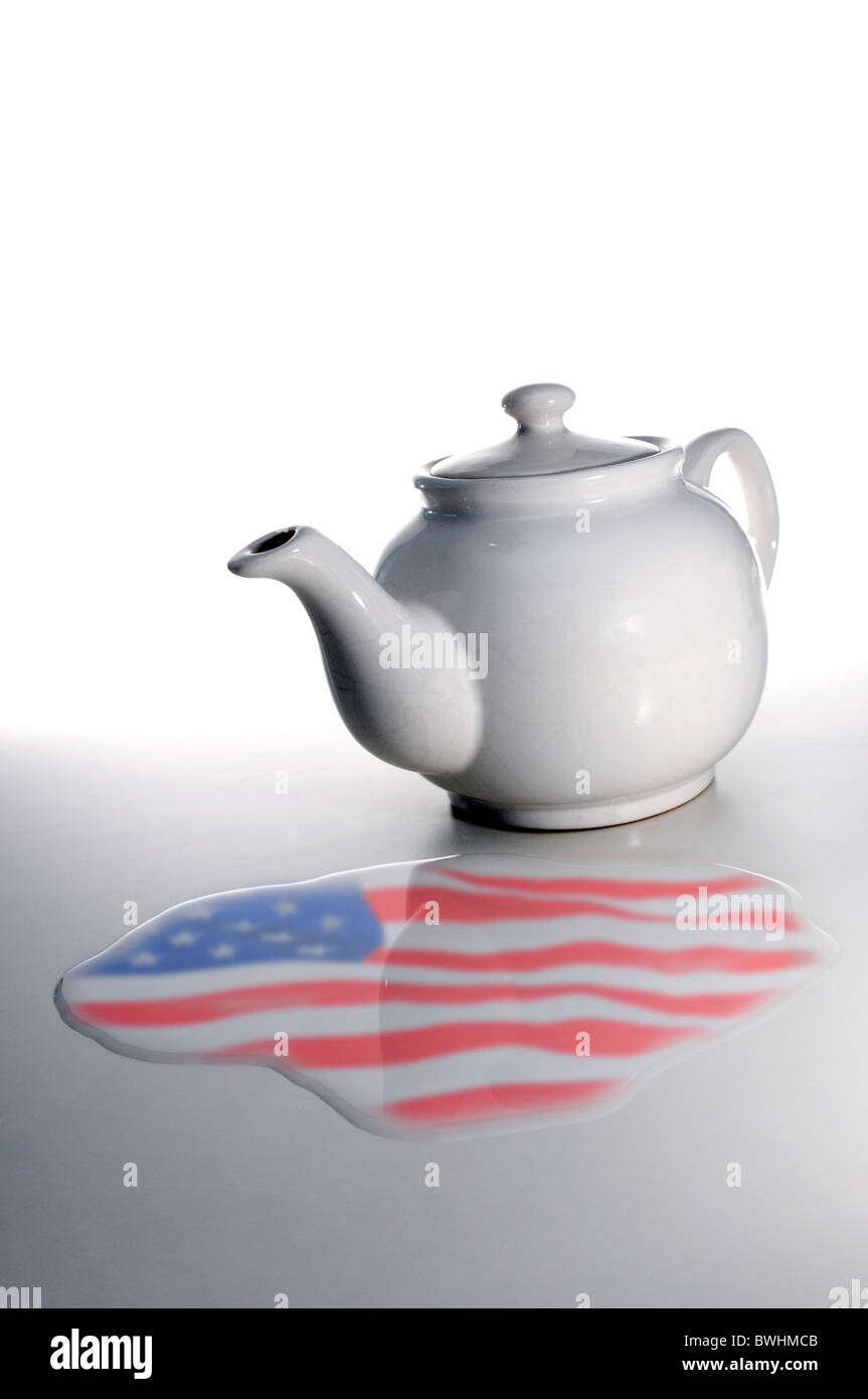 tea pot with usa flag reflection in spillage Stock Photo - Alamy