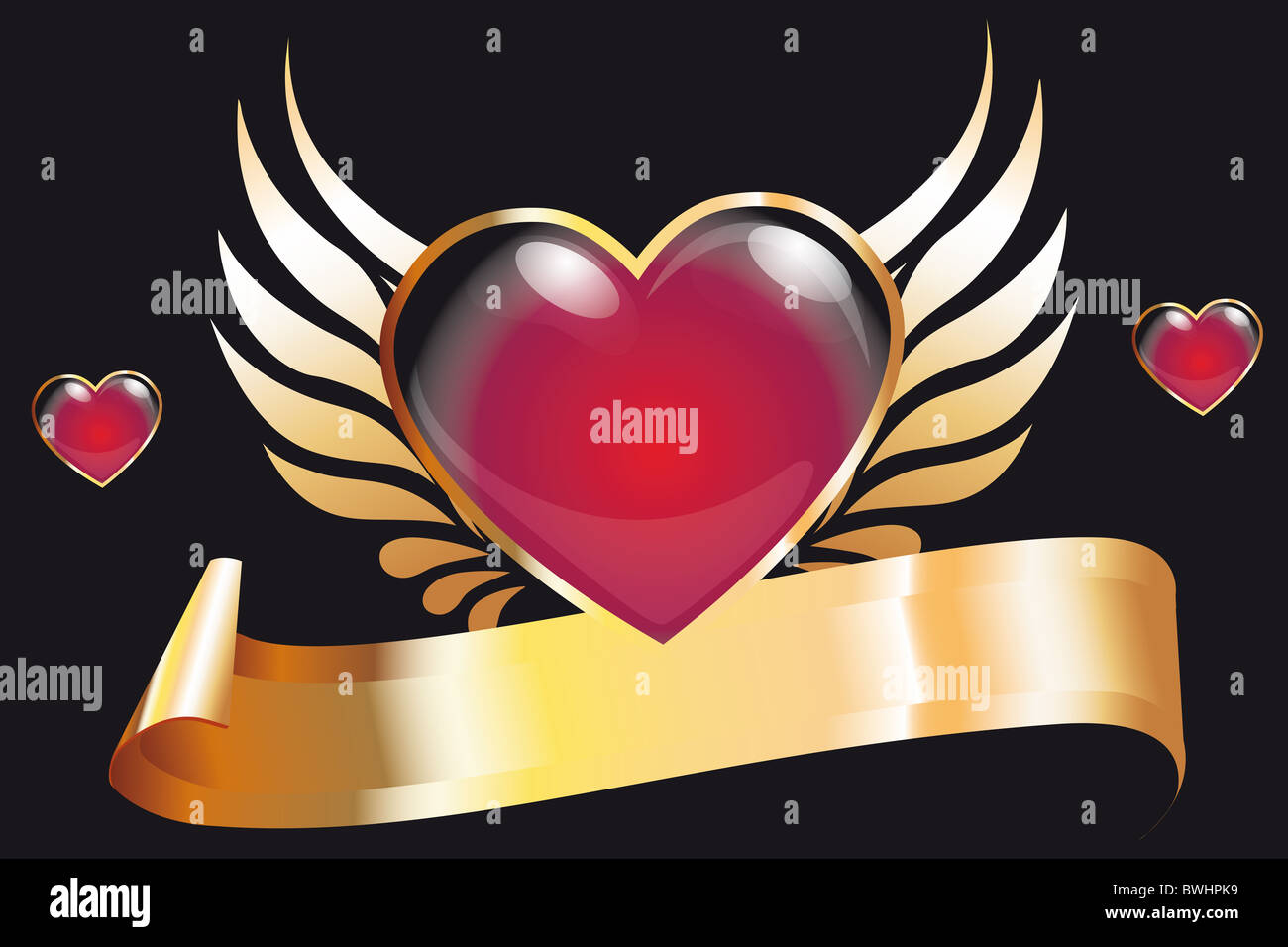 Heraldic winged heart banner isolated on black background Stock Photo ...