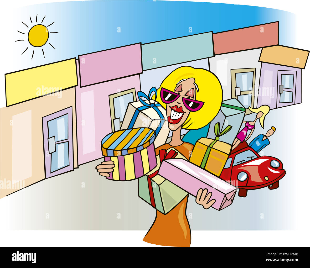 Cartoon illustration of woman on shopping Stock Photo - Alamy