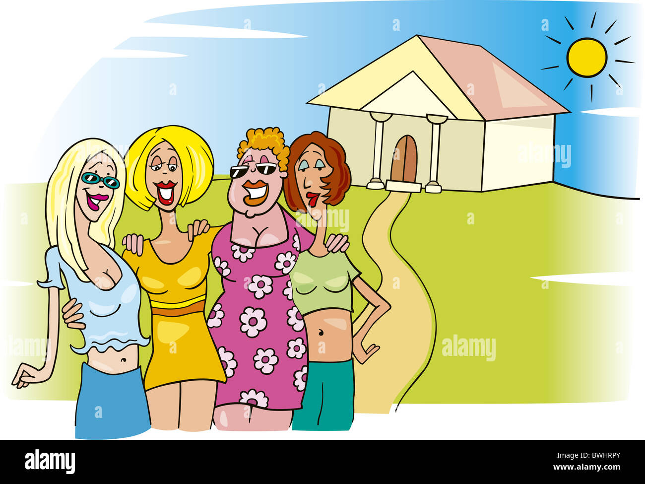 cartoon illustration of four women on meeting Stock Photo - Alamy