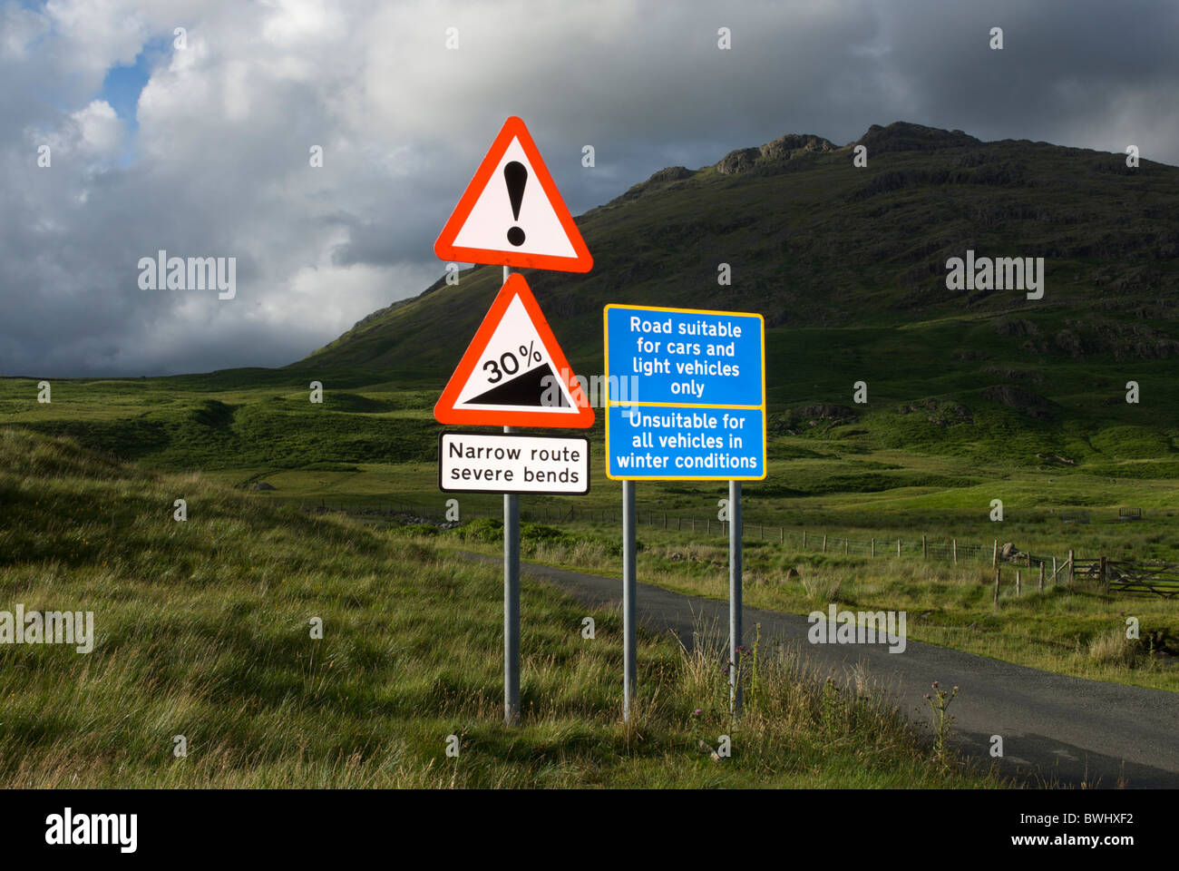 Road signs warning of steep roads and winter conditions, Hardknott and ...