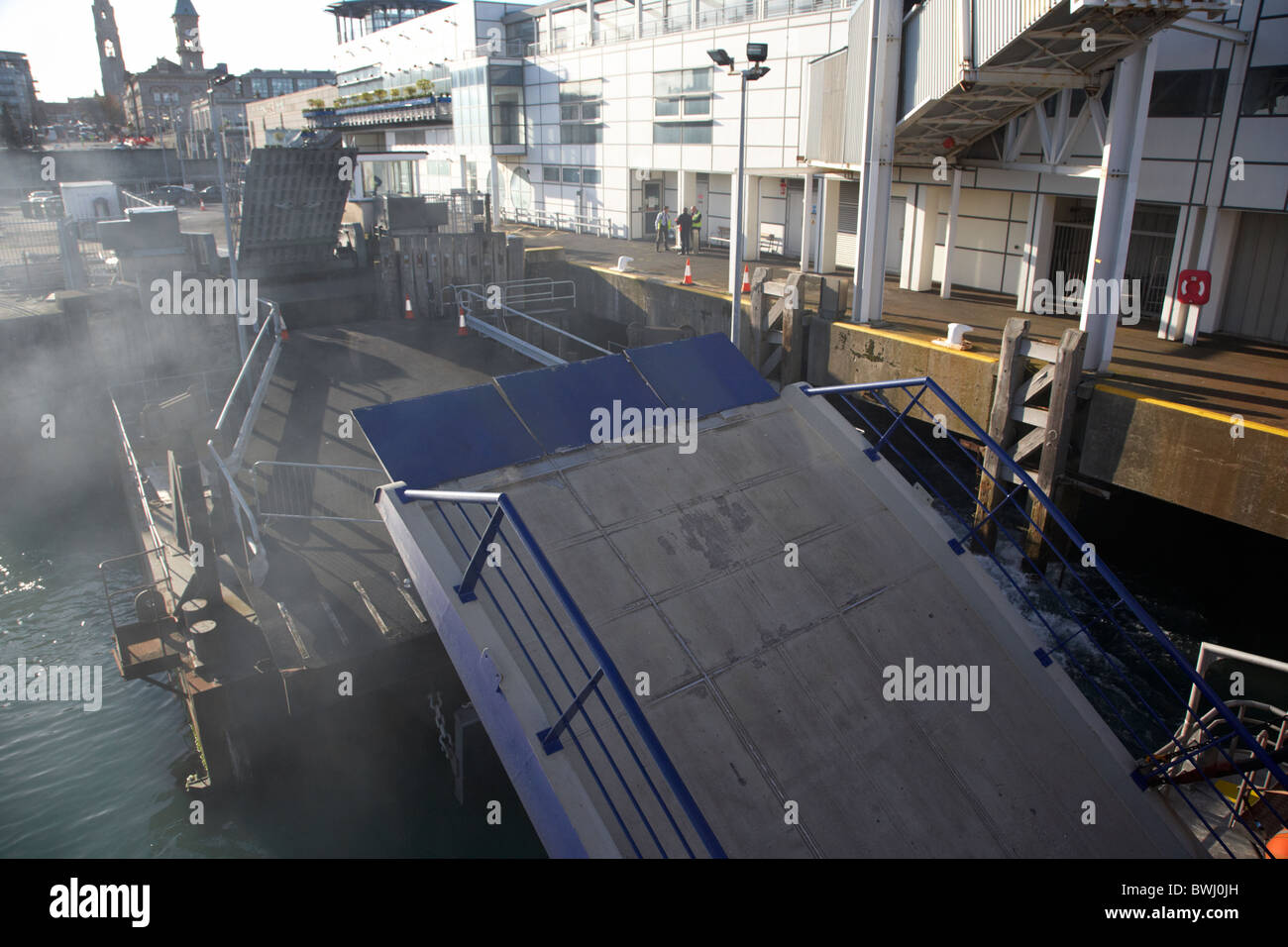 vehicle ramp on fast ferry leaving ferry terminal Dun Laoghaire dublin ...