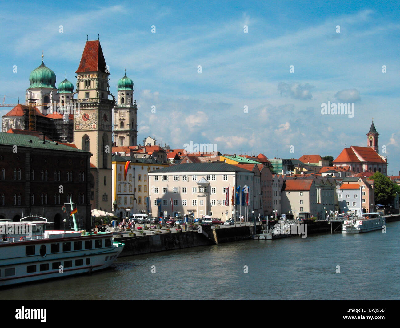 Passau Danube river old town promenade shore city hall Stephansdom St ...