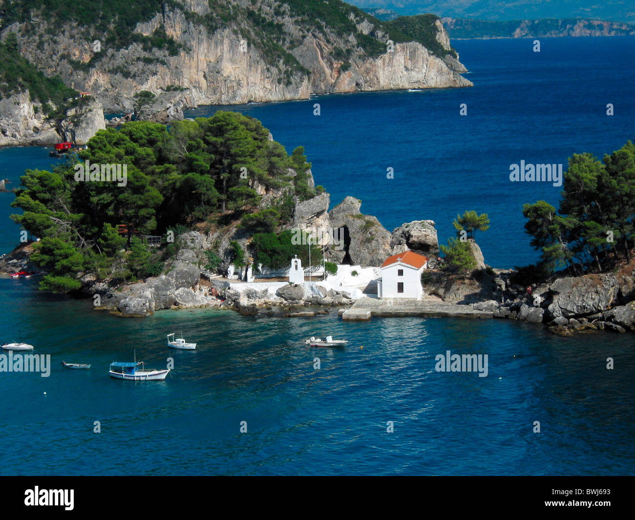 Parga village overview island isle boats coast sea Mediterranean Sea ...
