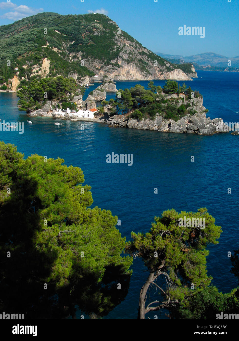Parga village overview island isle boats coast sea Mediterranean Sea ...