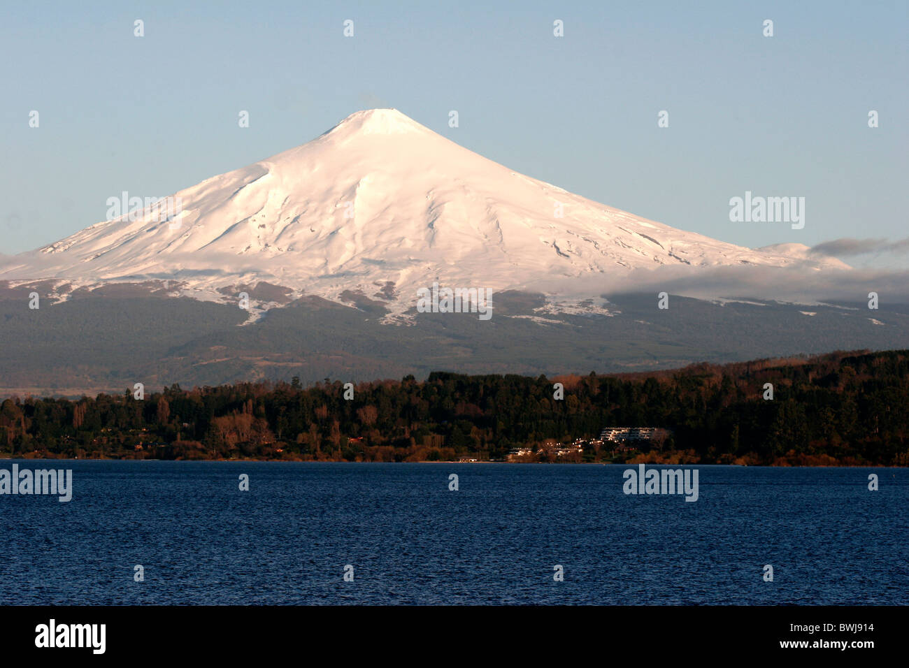 Chile South America Villarrica volcano snowy lake scenery Stock Photo ...