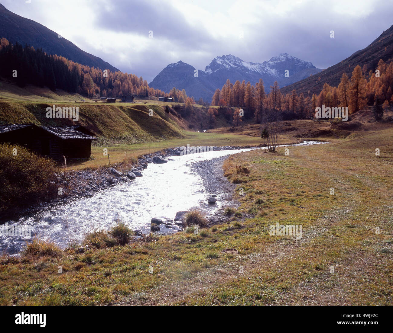 Sertigtal Sertig municipality Davos autumn scenery landscape larches ...