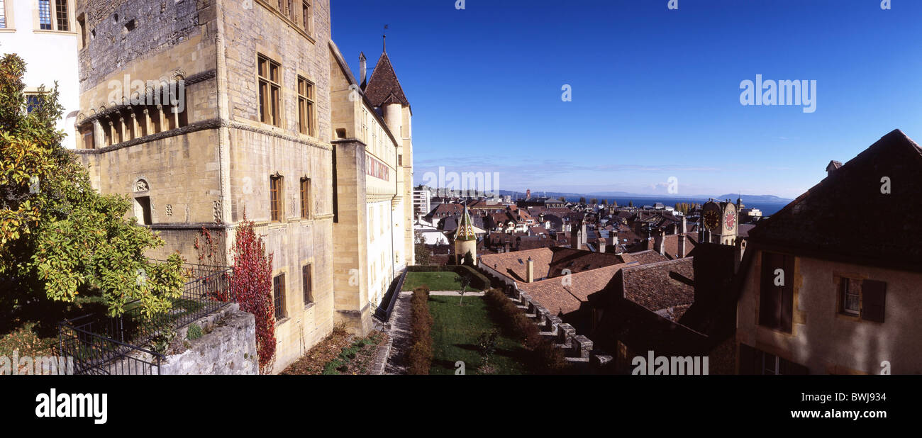 Neuchatel town city of Neuenburg castle Old Town overview Switzerland ...
