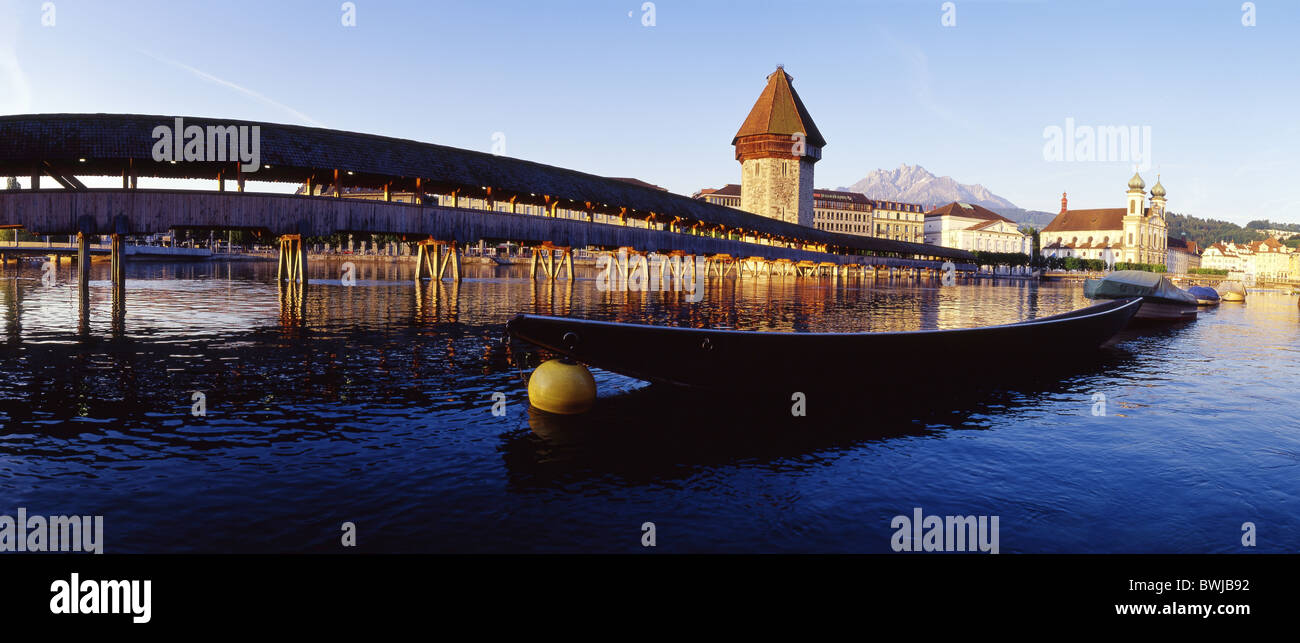 town city of Lucerne Reuss Weidling Boat Kapellbrucke Brucke chapel ...