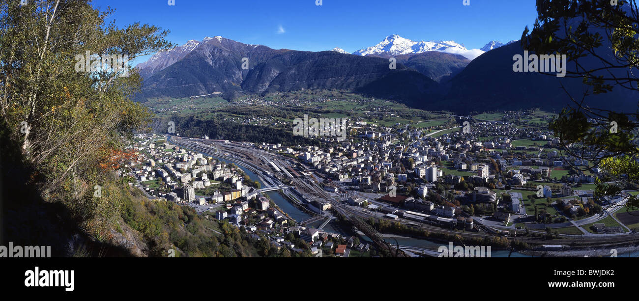 Brig overview town city railway station Rhone valley Rhone valley ...