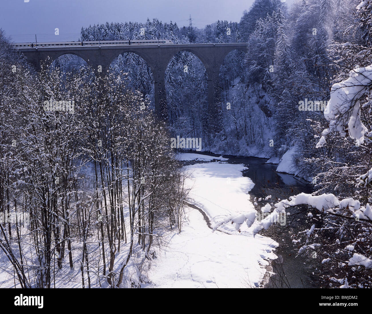 SBB railway train railroad winter river brook stream water bridge ...