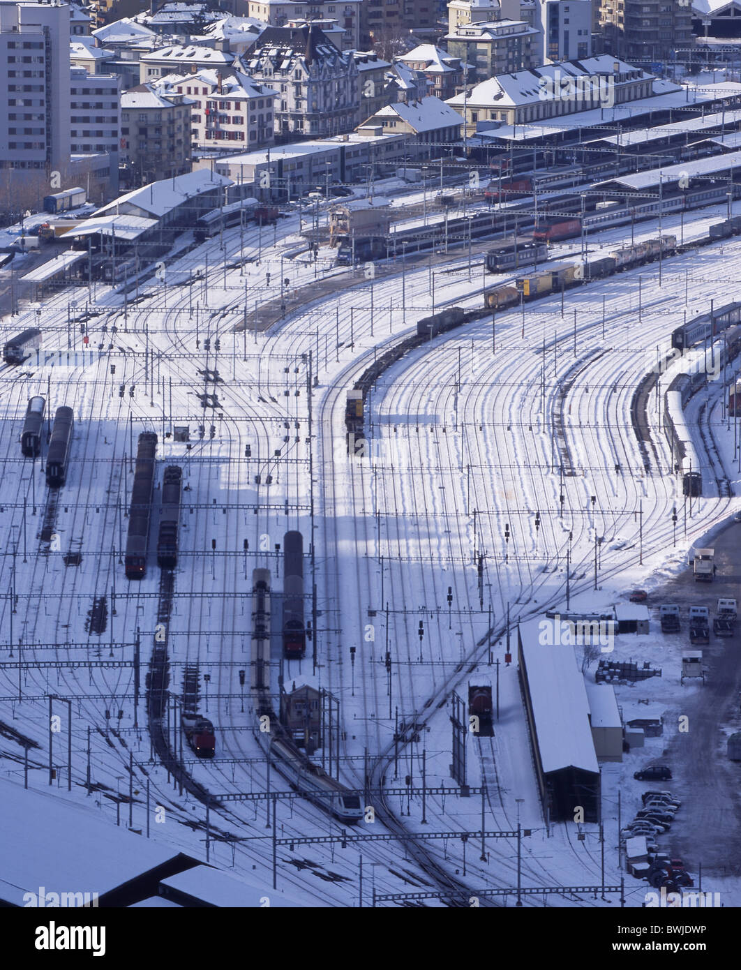 railway station Brig overview winter line snow railway railroad trains ...