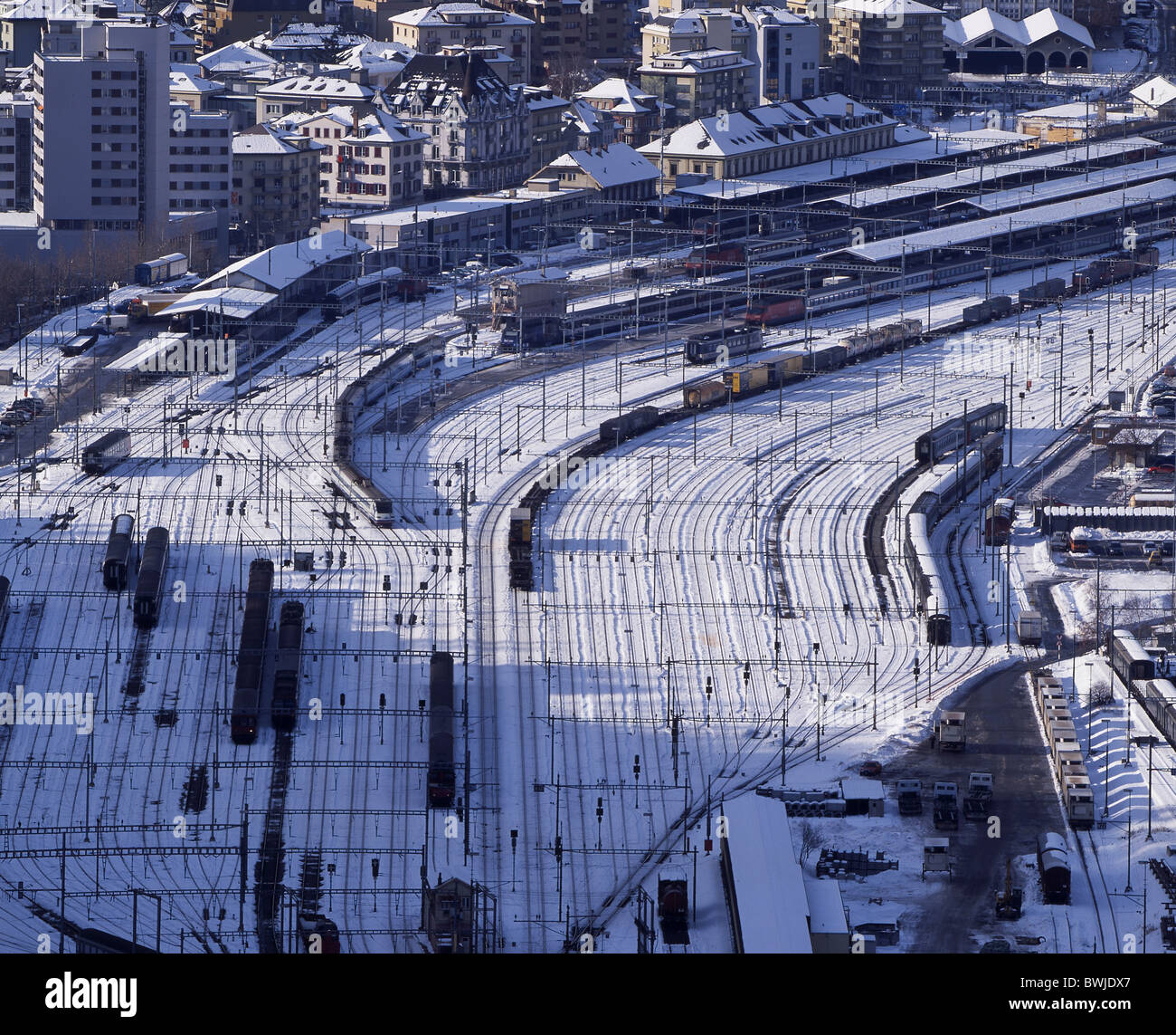 railway station Brig overview winter line snow railway railroad trains ...