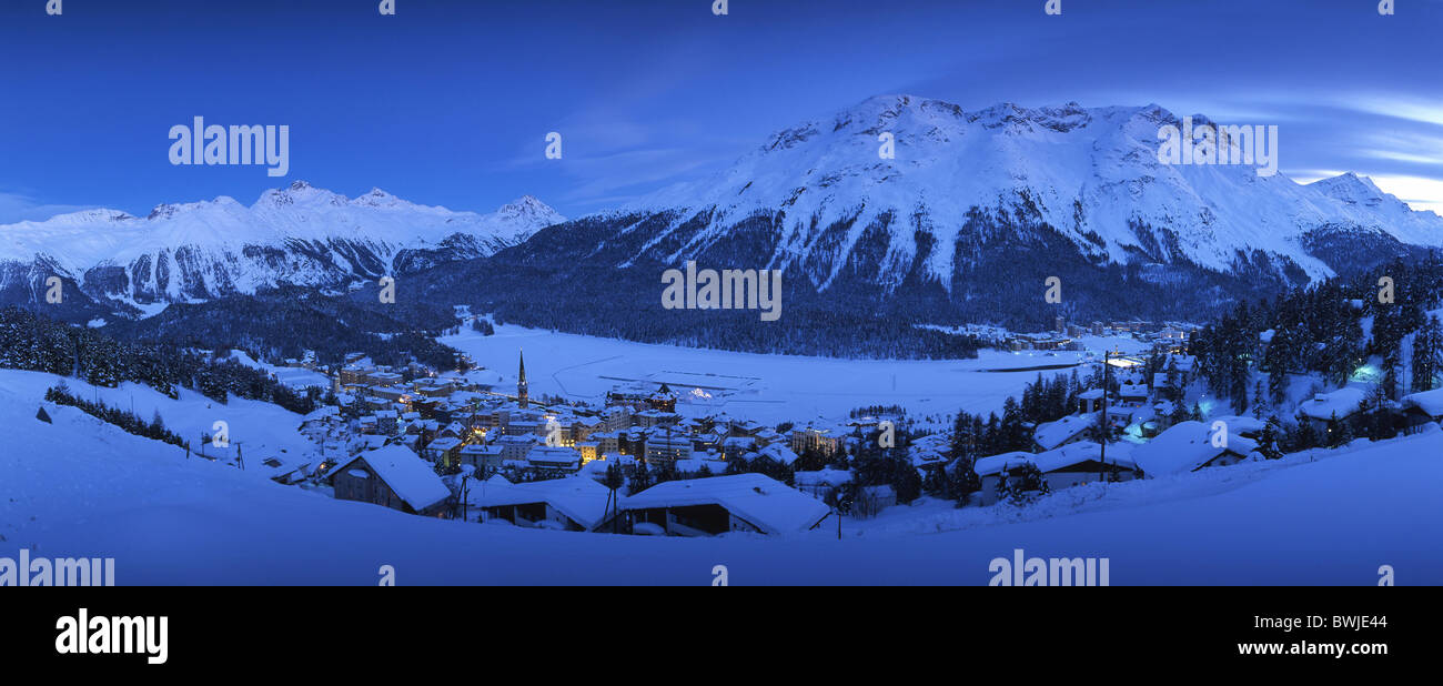 Saint Moritz overview dusk twilight at night night winter mountains ...