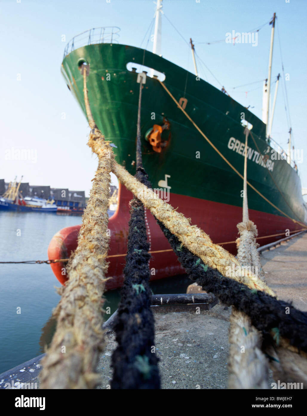 Green and red colored hull of a reefer / ship moored to the pier in ...