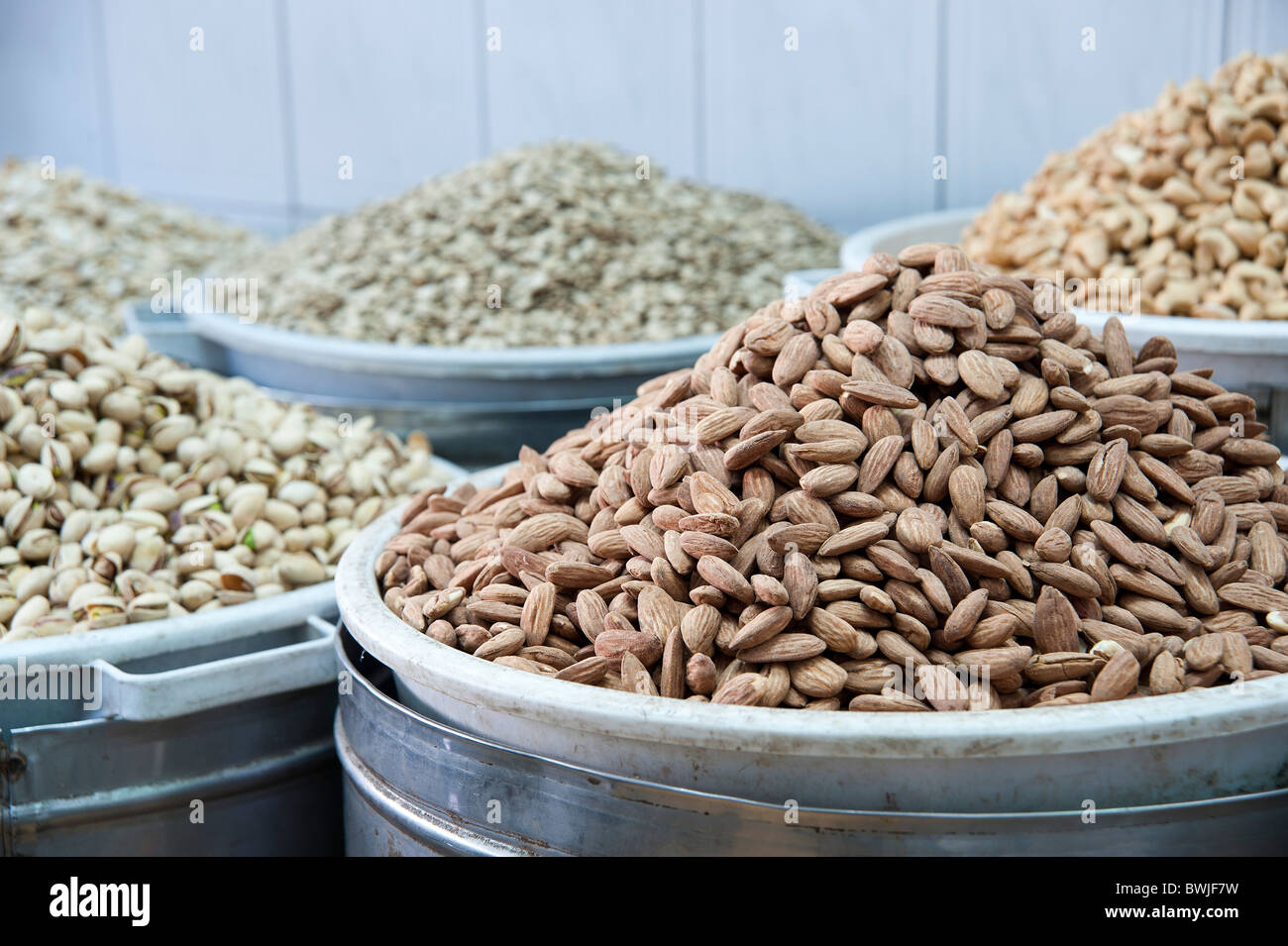 Nut roasting plant freshly roasted nuts at the end of the roasting ...