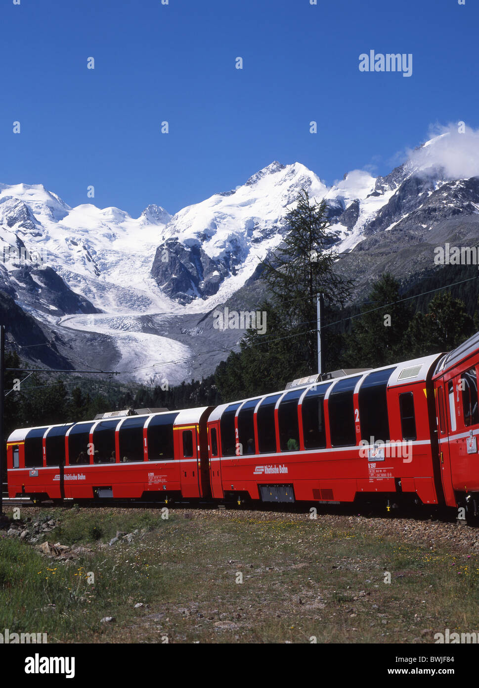 Bernina express train RhB Rhaetian railway red train railroad panorama ...