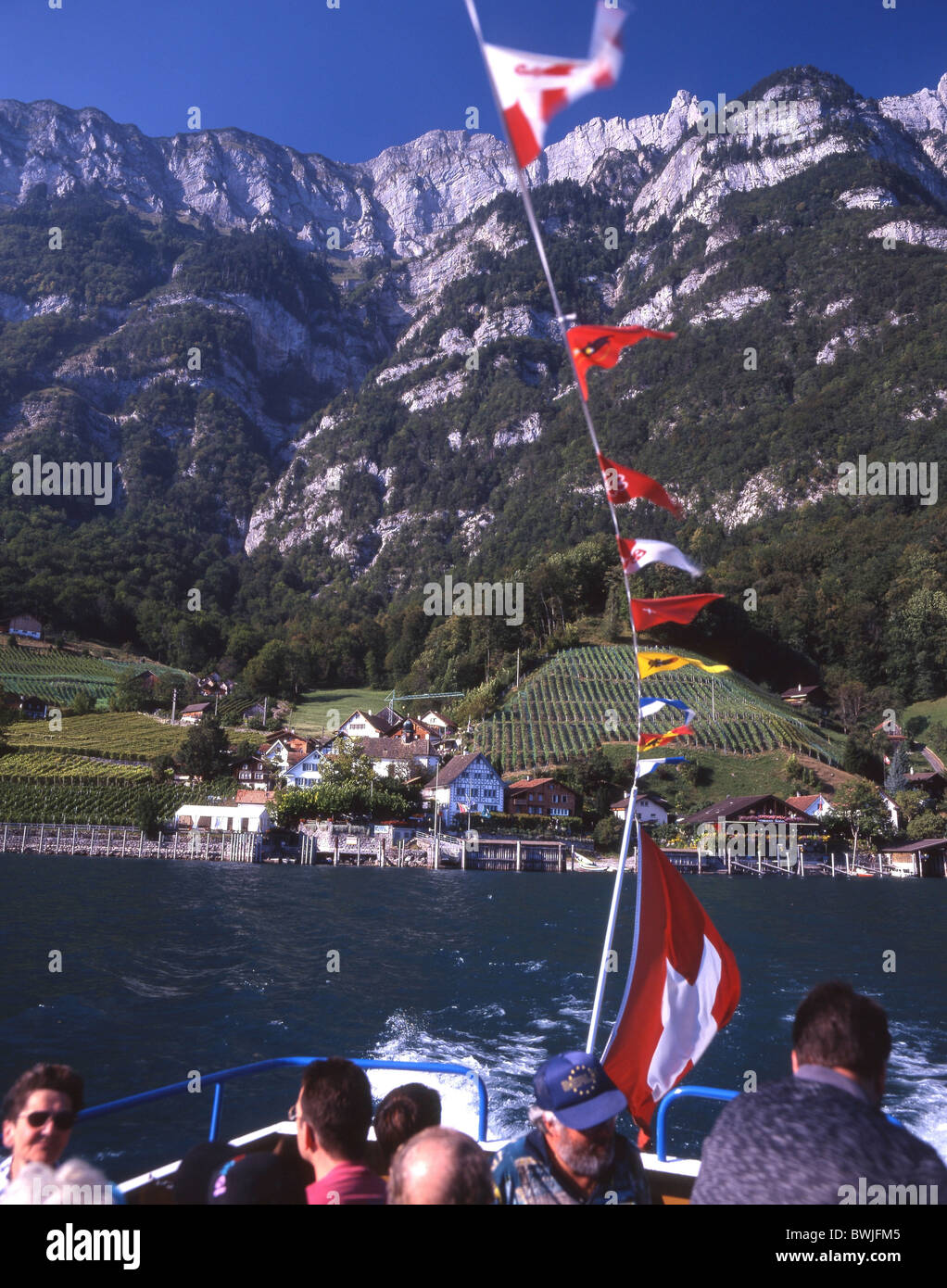 Walensee Boat ship ship vessel passengers Quinten village Churfirsten ...
