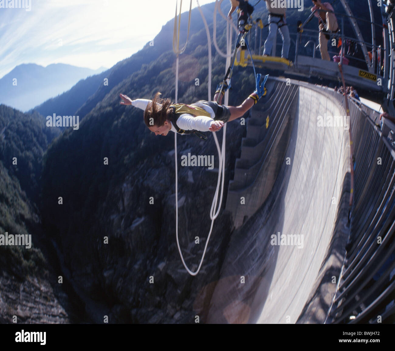 Bungee jumping Bungy dam wall Verzasca dam canton Ticino Switzerland ...