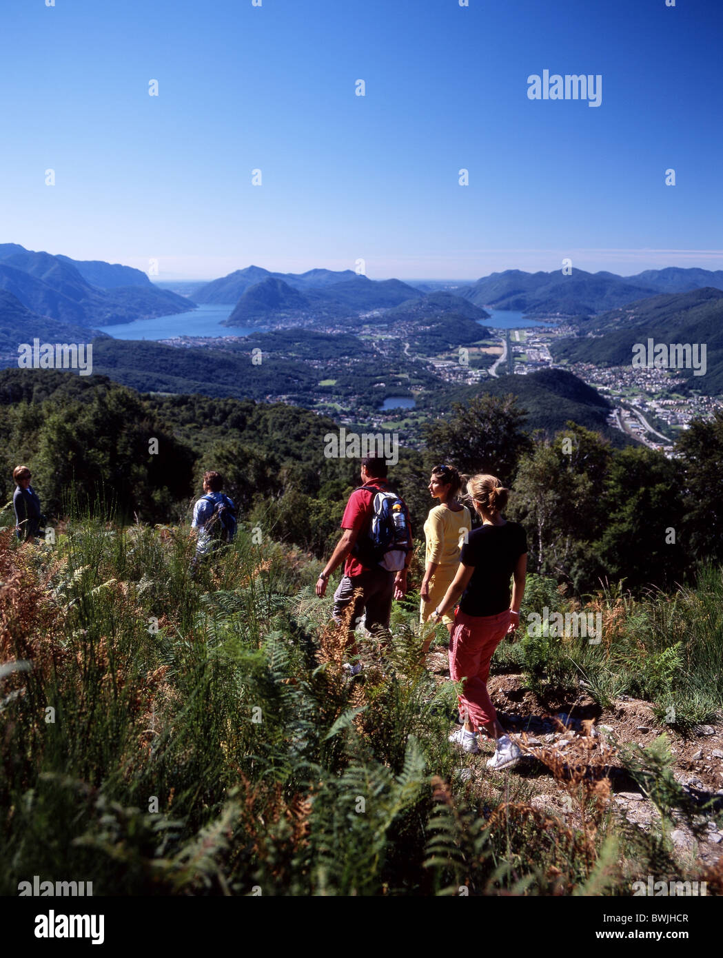 hiking group hiker Gola di Lago view panorama Canton Ticino lake of ...