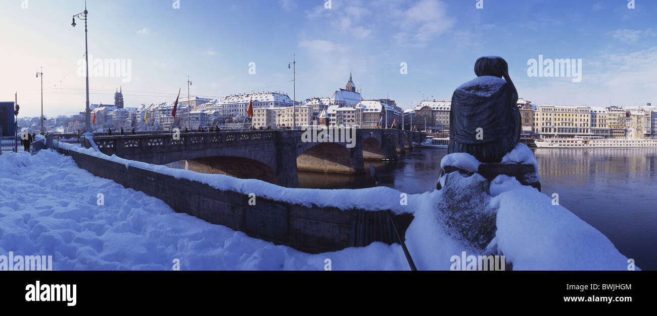 Basel town city winter snow middle bridge Rhine river Switzerland ...