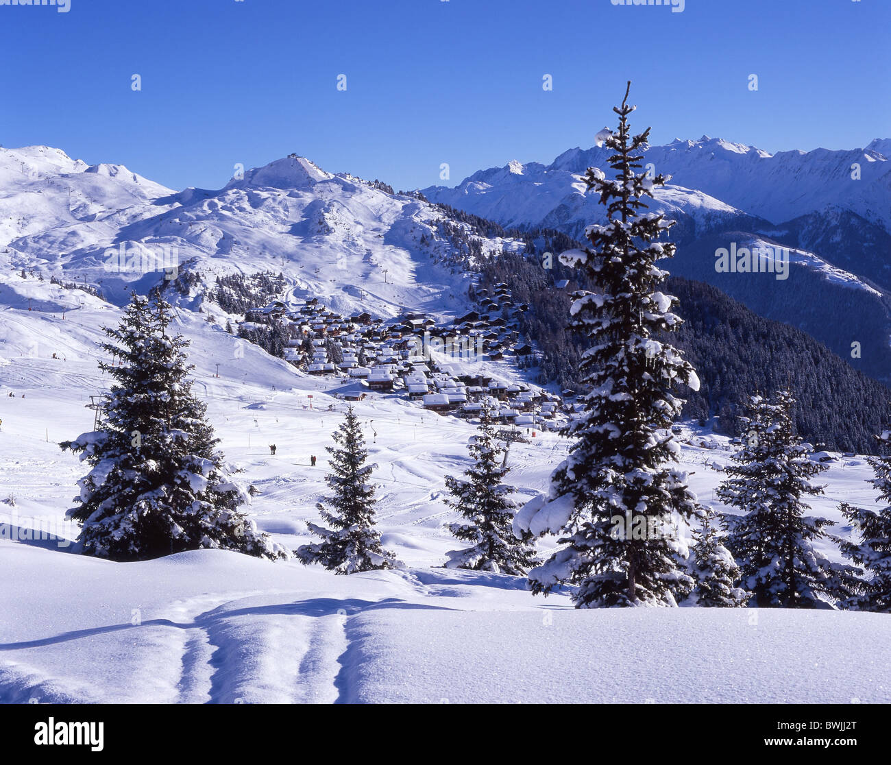 Aletsch overview Bettmeralp village chalets winter snow scenery ...