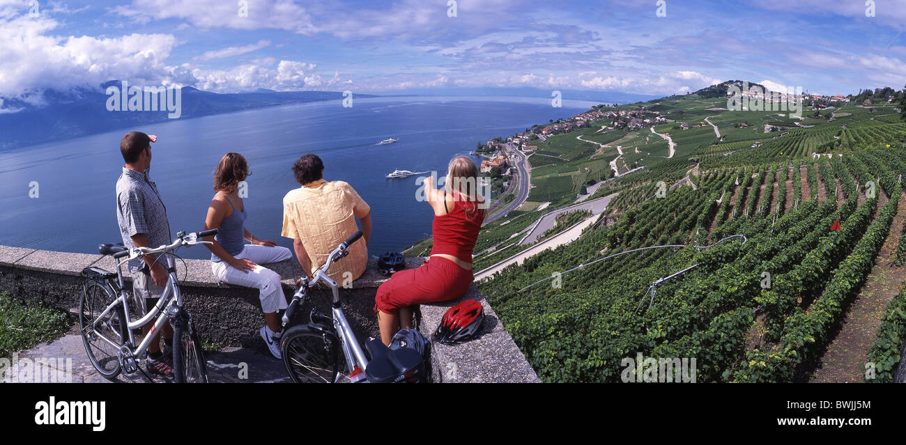 group biker Rhone route rest view break stop terrace steep slope ...