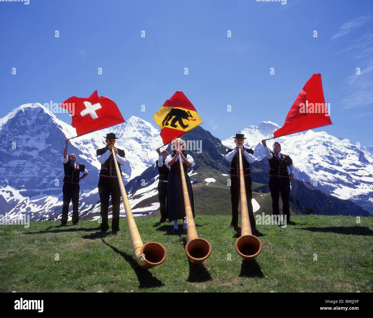 Jungfrau area alpine party Mannlichen flag throwing alphorn folklore ...