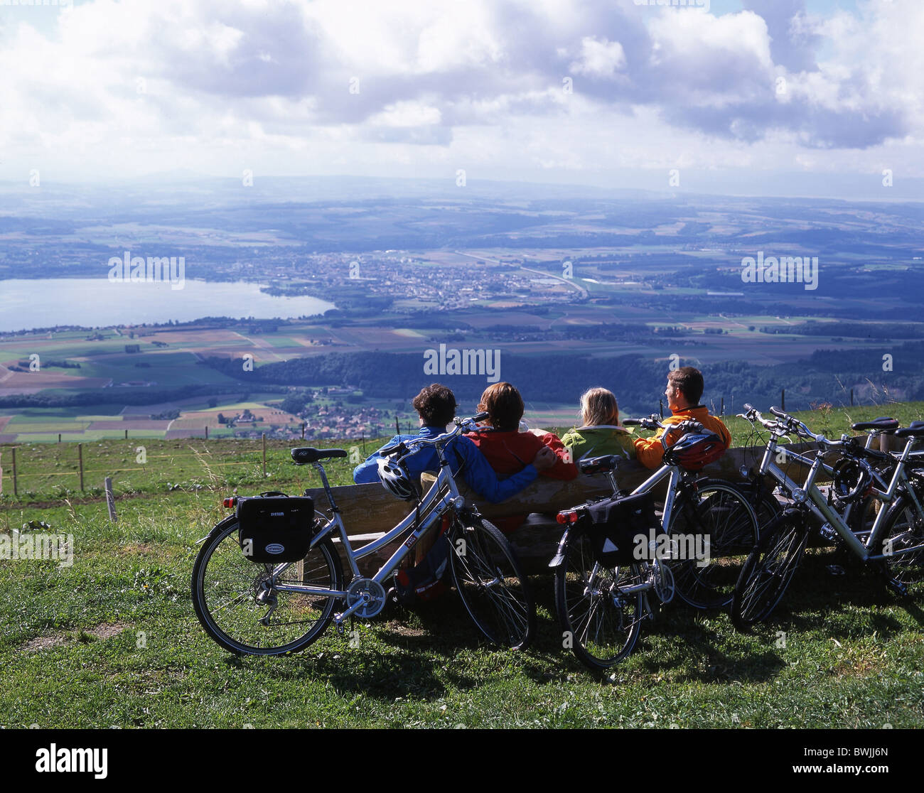 group excursion bicycle tour bench seat bank bench relax sit sitting ...