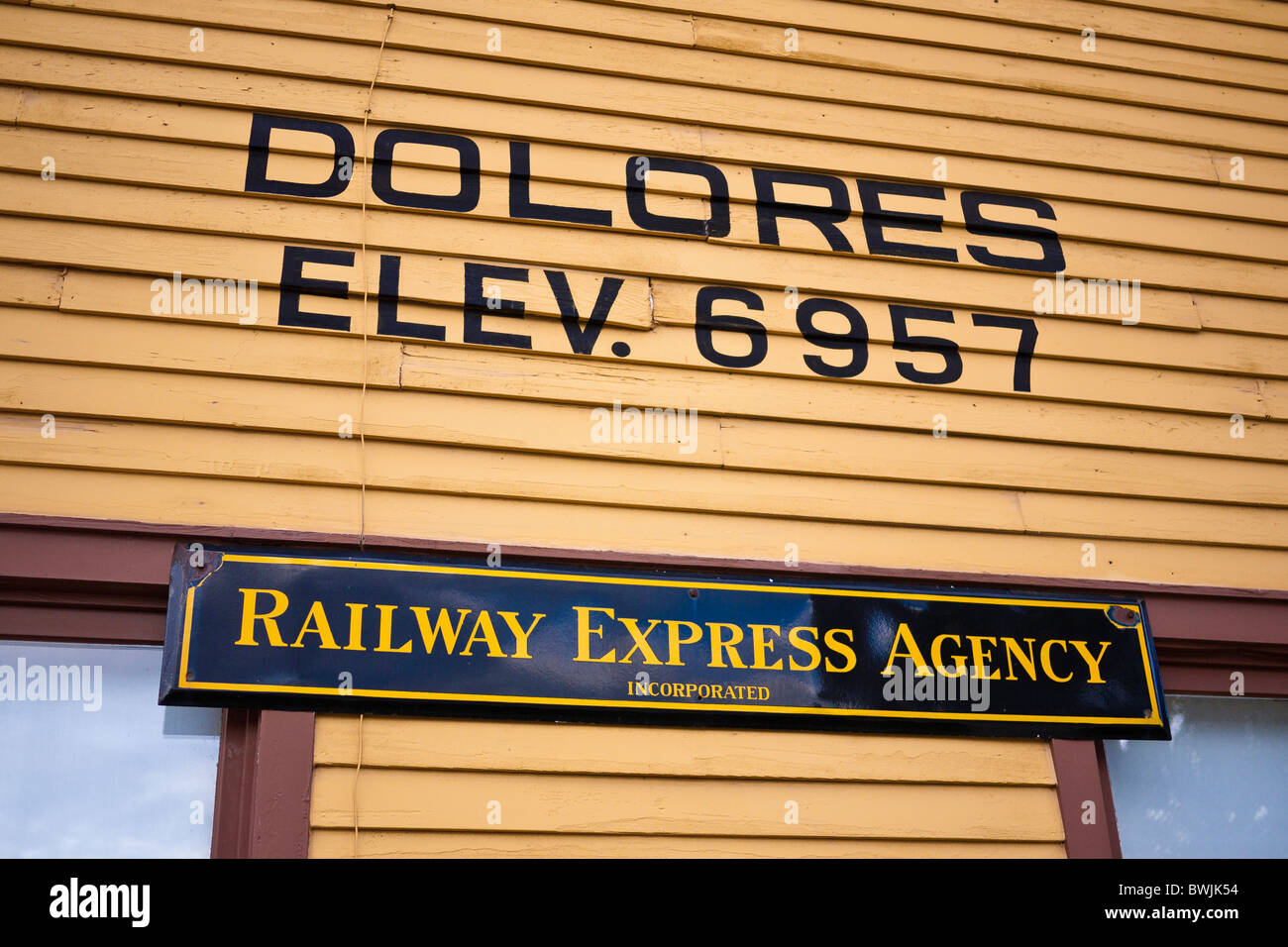 Elevation sign at the historic train depot, Dolores, Colorado Stock ...