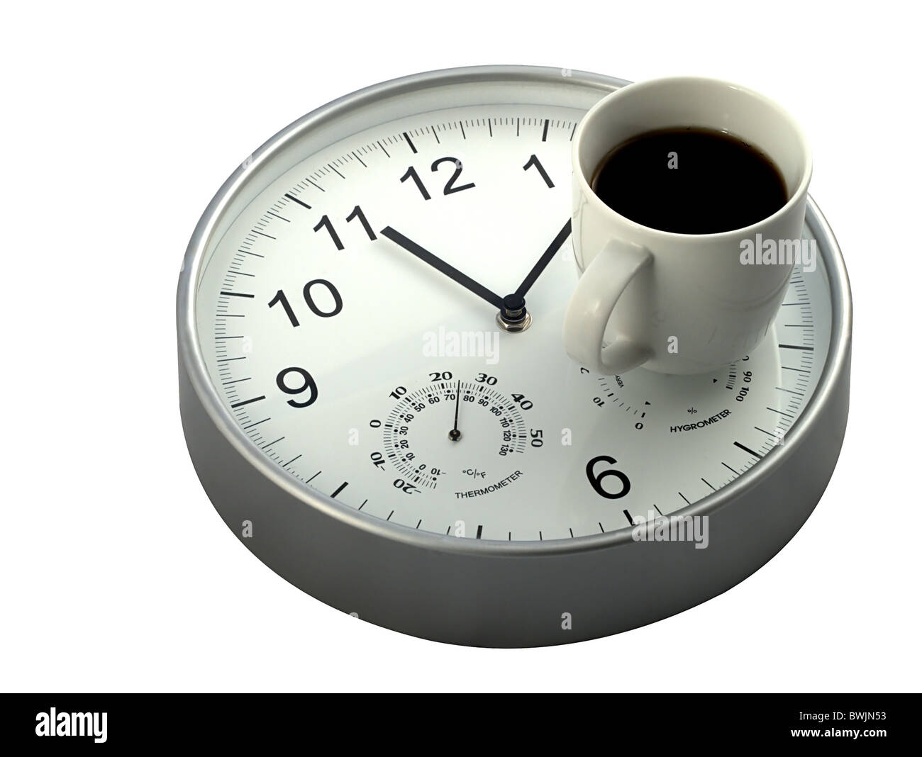 Mid morning coffee break, mug of coffee and clock Stock Photo - Alamy